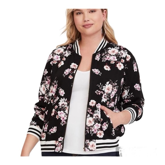 torrid | Jackets & Coats | Torrid Jacketblackpinkwhite Floral Bomber ...